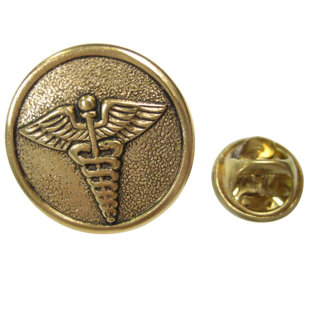 Gold Toned Round Medical Caduceus Symbol Lapel Pin - Gem
